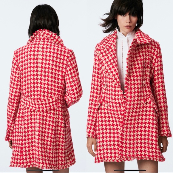 Zara | Jackets & Coats | Zara Textured Houndstooth Coat Red | Poshmark